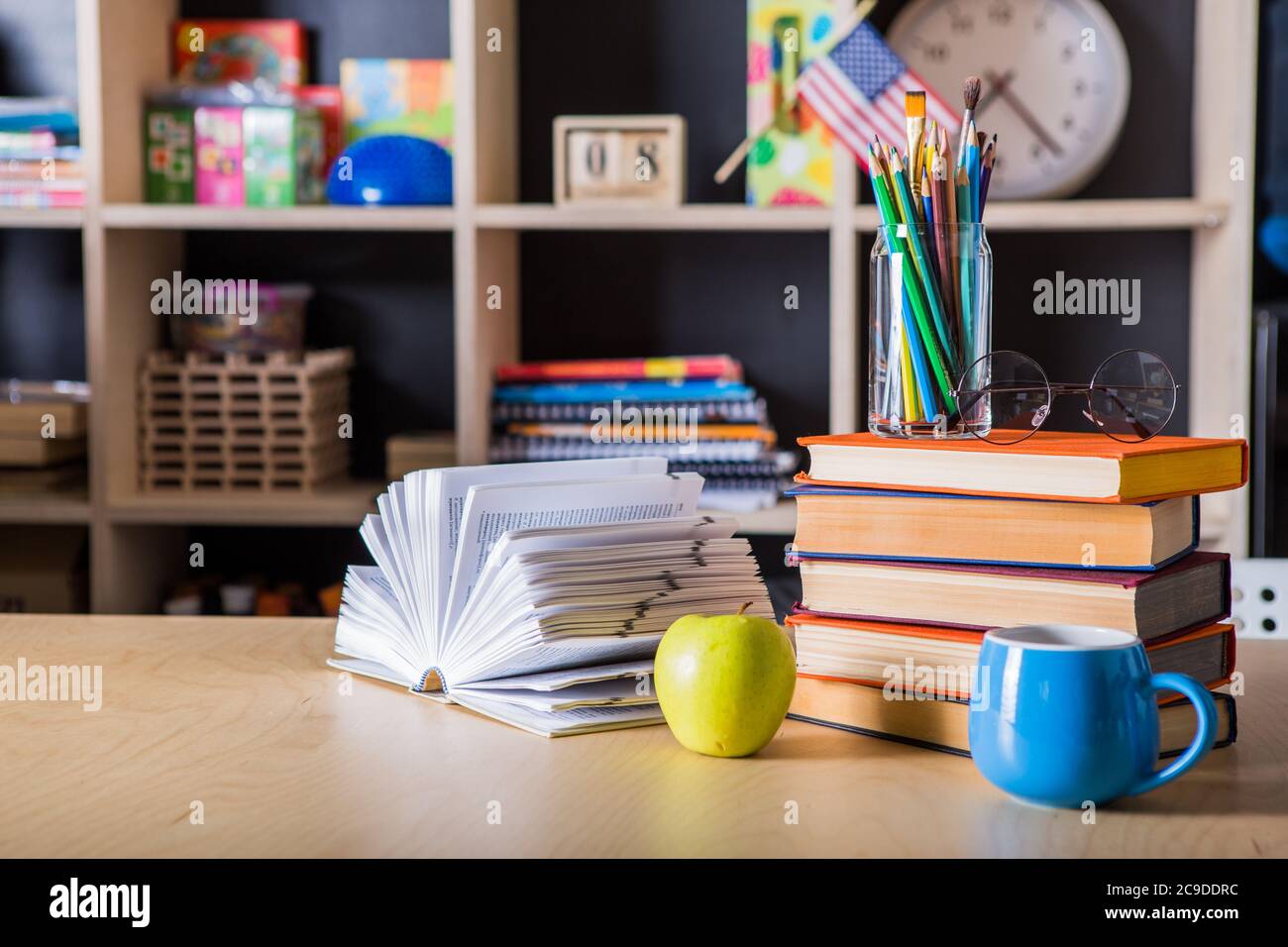 Back to school, pile of books. School board background, education ...