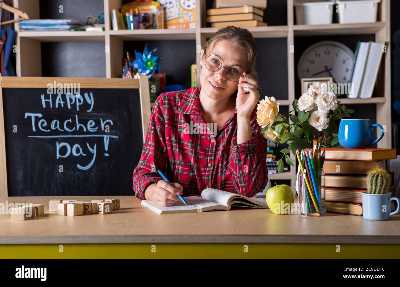 Formal education. Teacher pretty woman enjoy educational process in ...