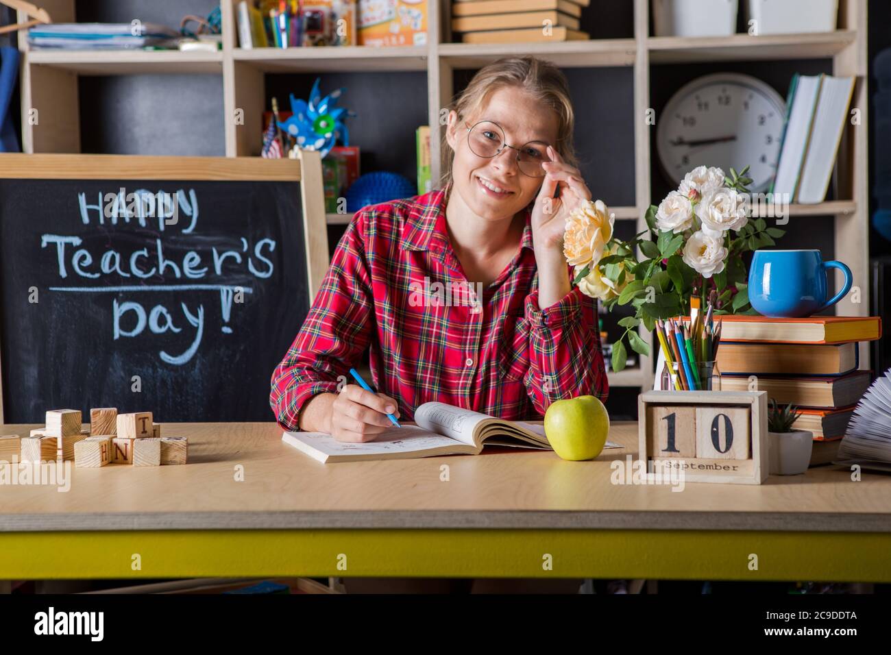 Formal education. Teacher pretty woman enjoy educational process in ...