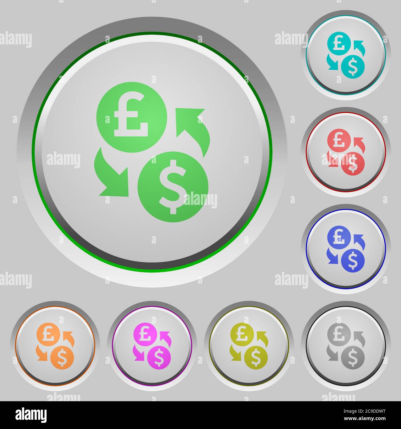 Pound Dollar money exchange color icons on sunk push buttons Stock ...
