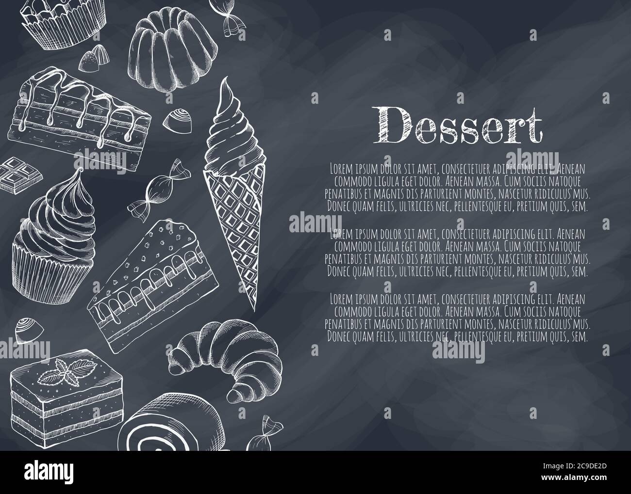 Desserts bakery shop vector banner template. Hand drawn cakes bun, ice ...