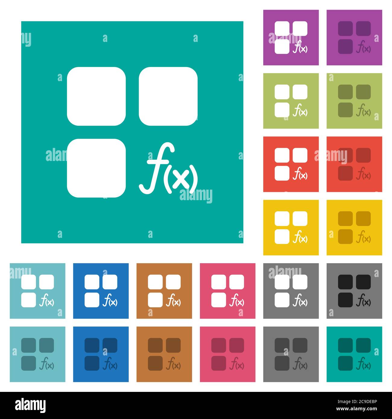 Component functions multi colored flat icons on plain square backgrounds. Included white and ...