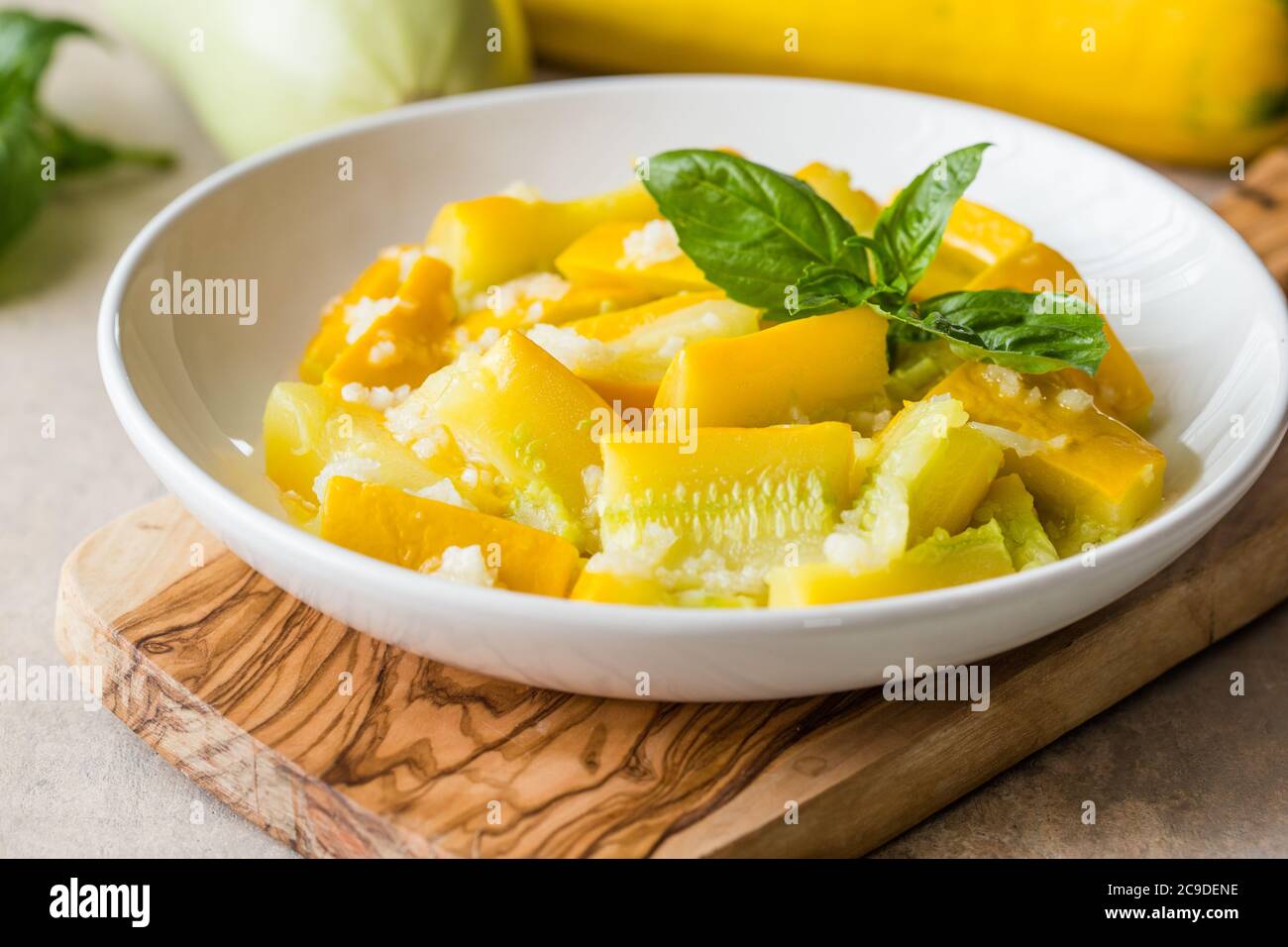Healthy Organic Boiled zucchini with garlic and basil. Ready to Serve ...