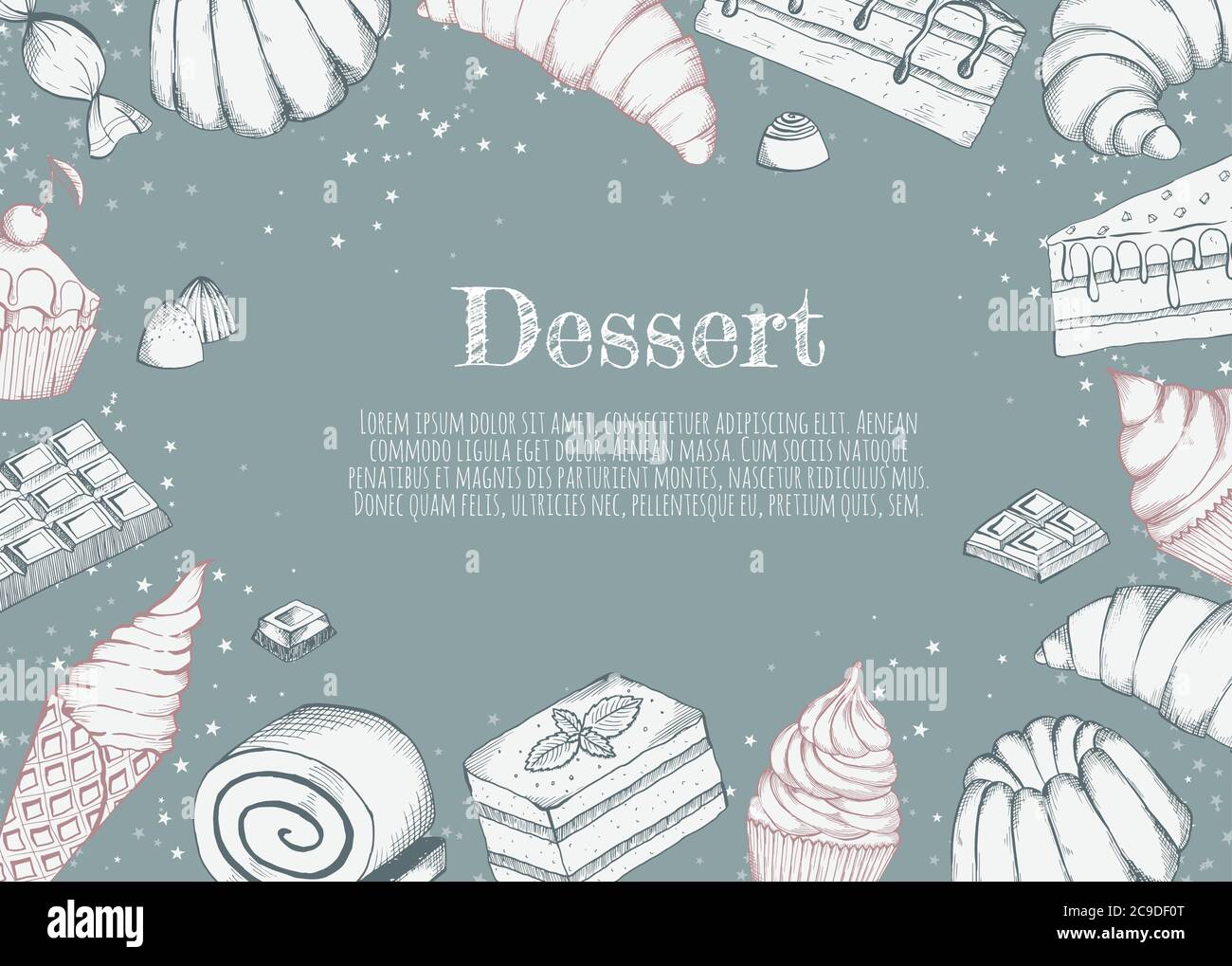 Desserts bakery shop vector banner template. Hand drawn cakes bun, ice ...