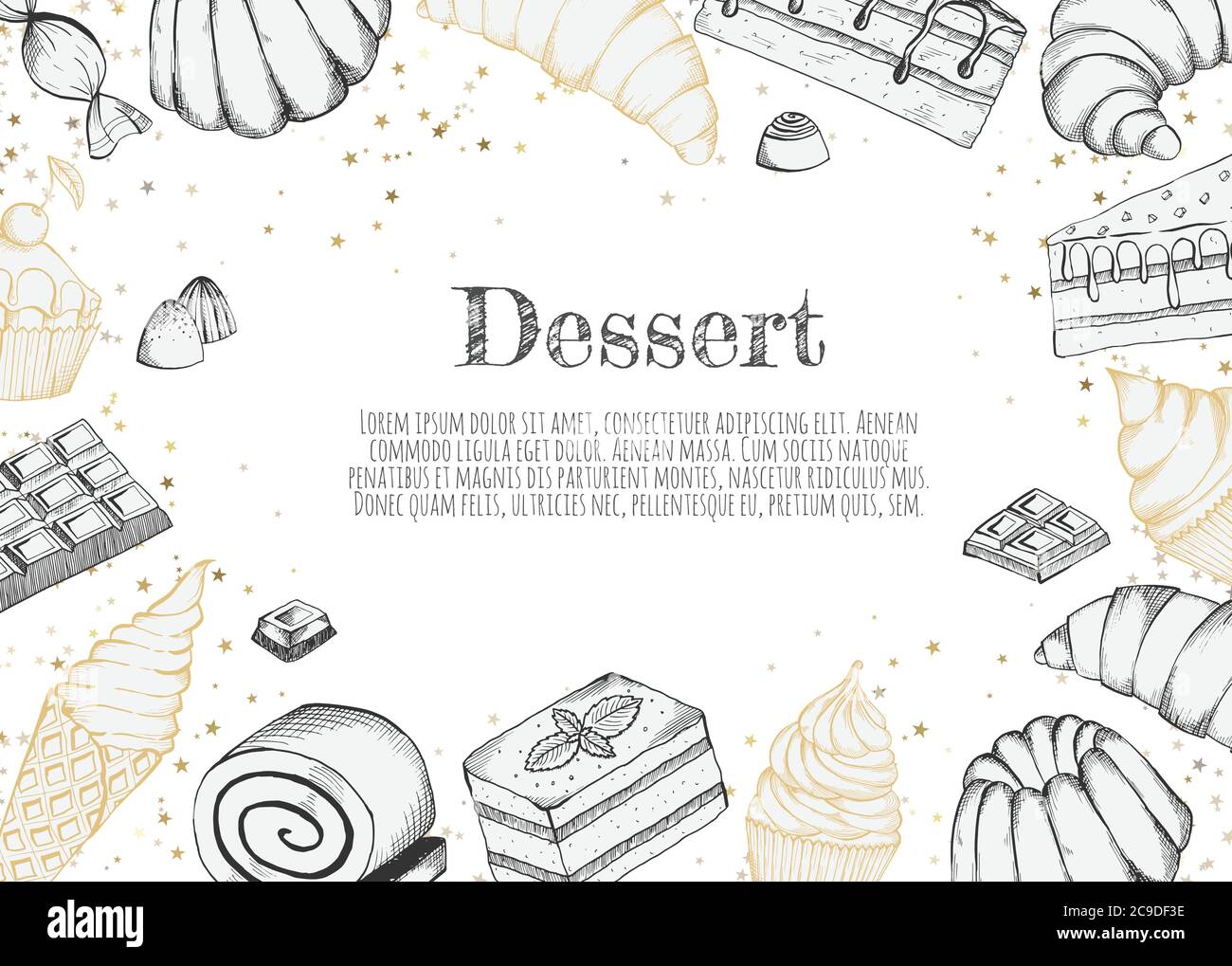 Desserts bakery shop vector banner template. Hand drawn cakes bun, ice ...