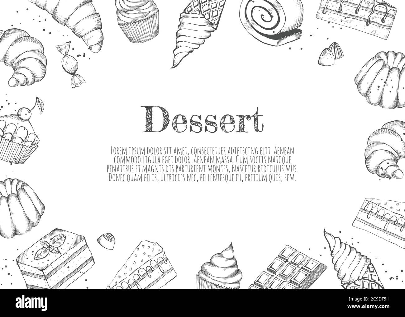 Sketch dessert. Cake, pastry and ice cream, muffin in vintage style. Hand drawn desserts vector ...