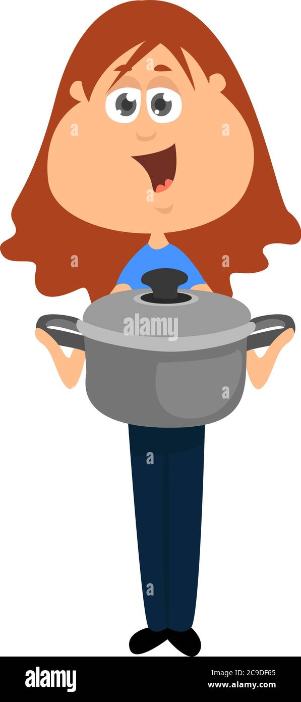 Girl holding a pot, illustration, vector on white background Stock ...