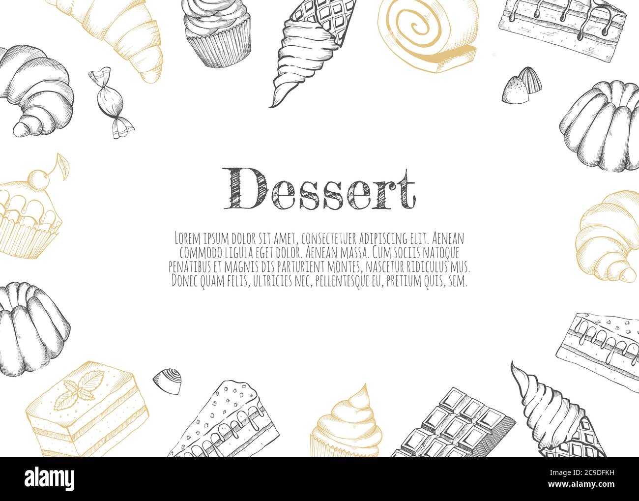 Desserts bakery shop vector banner template. Hand drawn cakes bun, ice ...