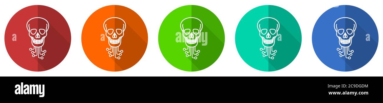 Hack icon set, virus, circuit, skull, hacker, red, blue, green and ...