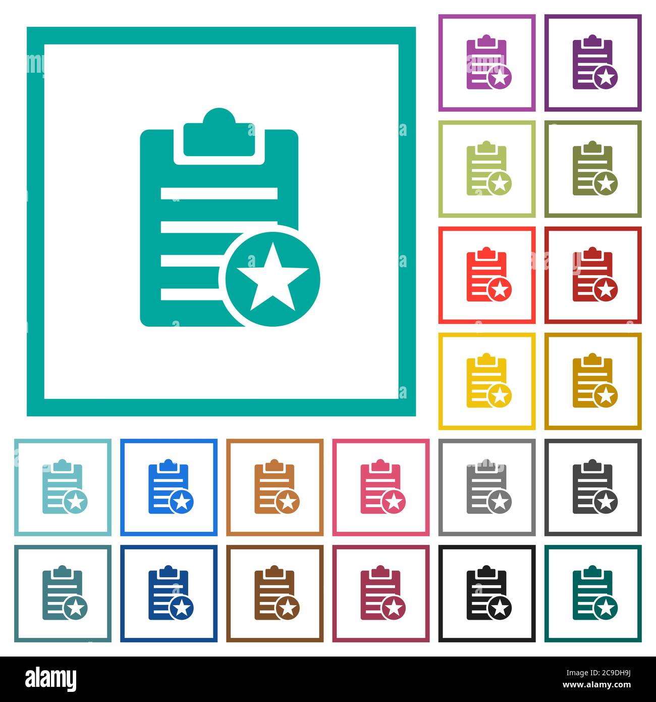 Marked note flat color icons with quadrant frames on white background ...