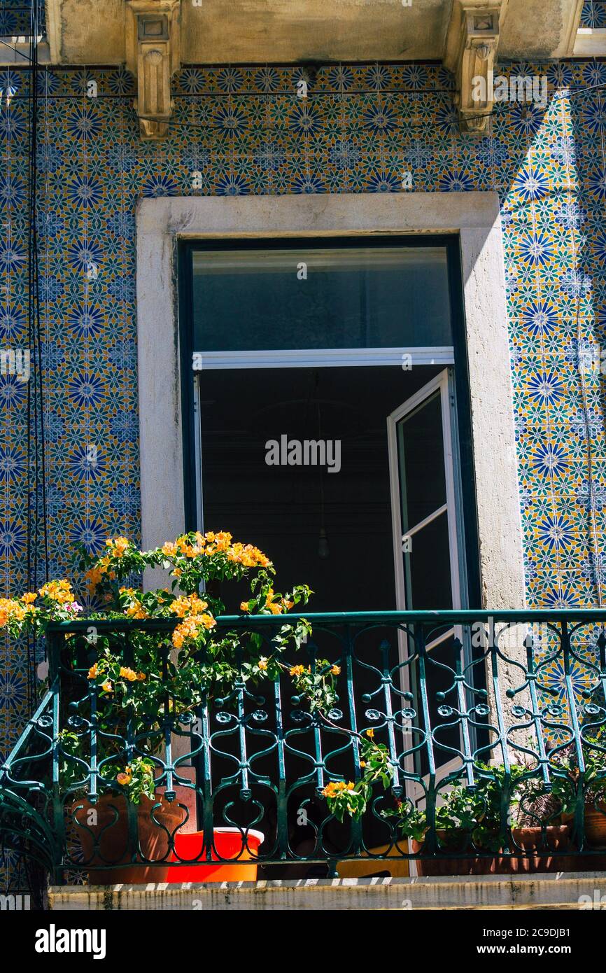 Lisbon Portugal july 30, 2020 View of window on the facade of ancient ...