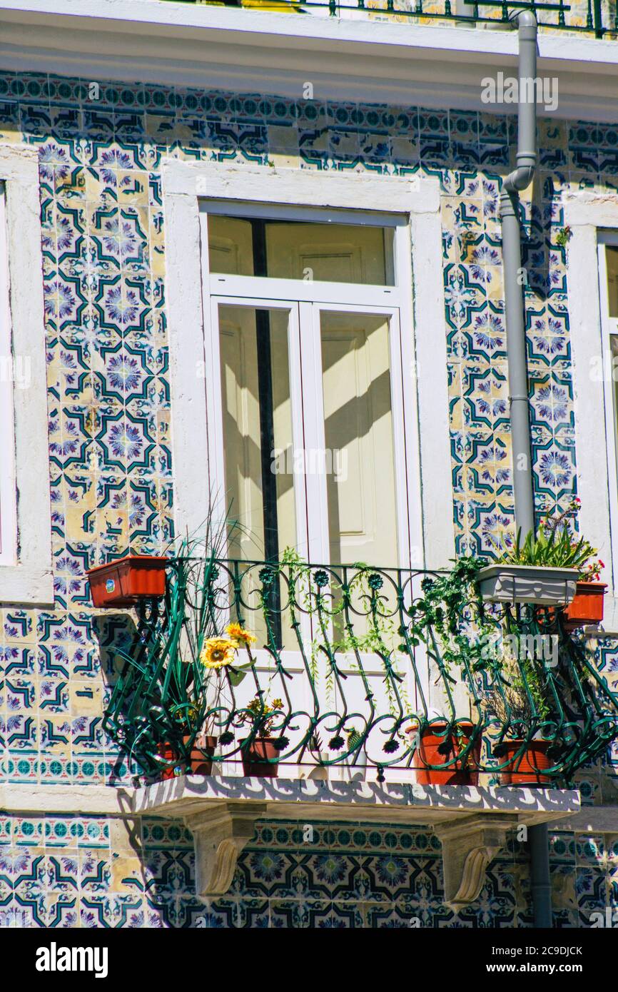 Lisbon Portugal july 30, 2020 View of window on the facade of ancient ...