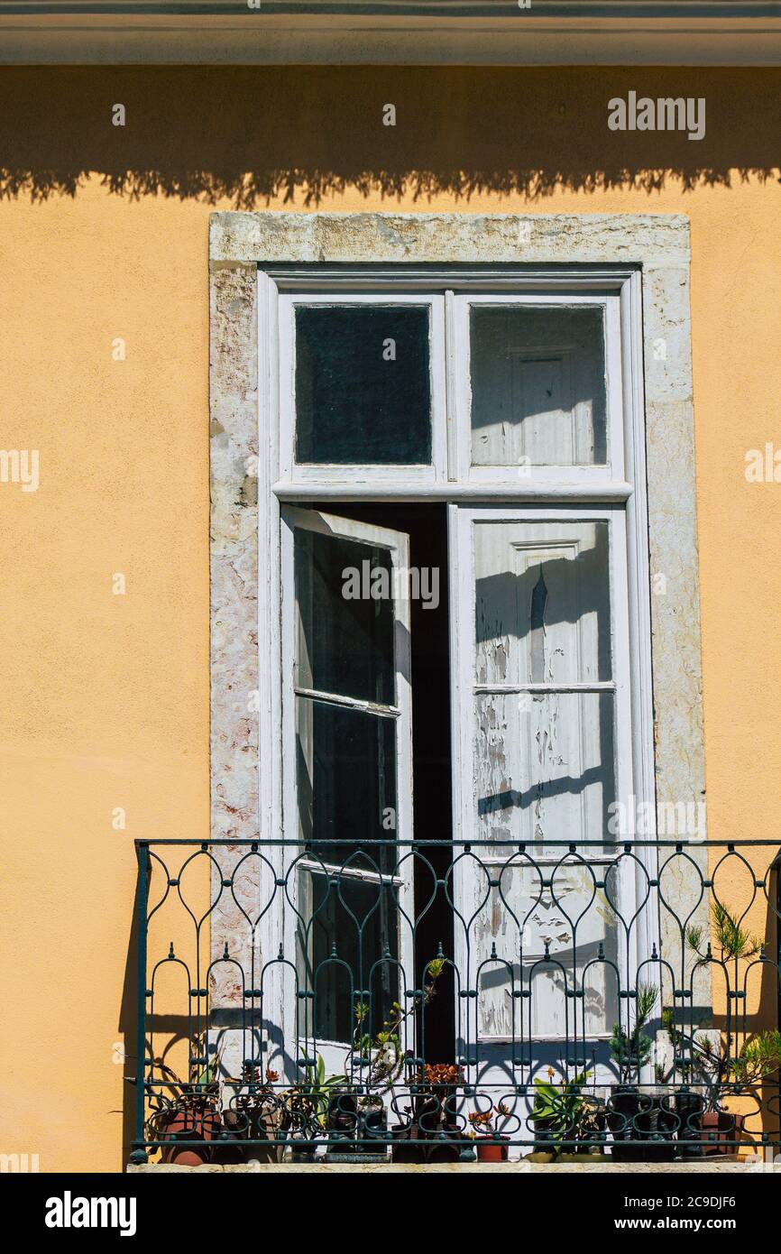 Lisbon Portugal july 30, 2020 View of window on the facade of ancient ...