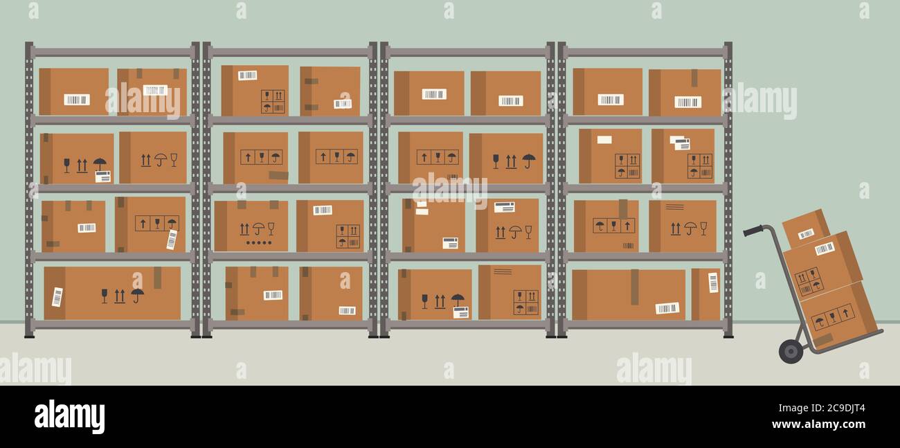 Warehouse. Storage. Shelvings with cardboard boxes. Warehouse racks ...