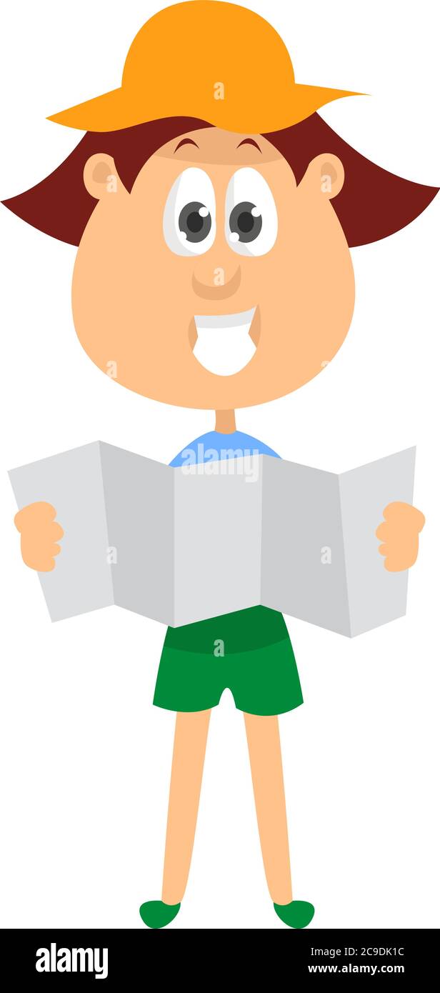 Boy tourist with a map, illustration, vector on white background Stock ...