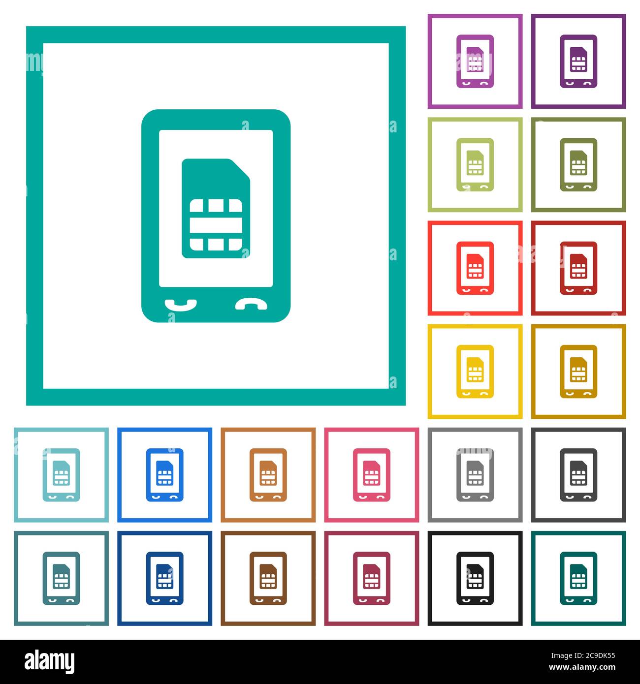 Mobile sim card flat color icons with quadrant frames on white ...