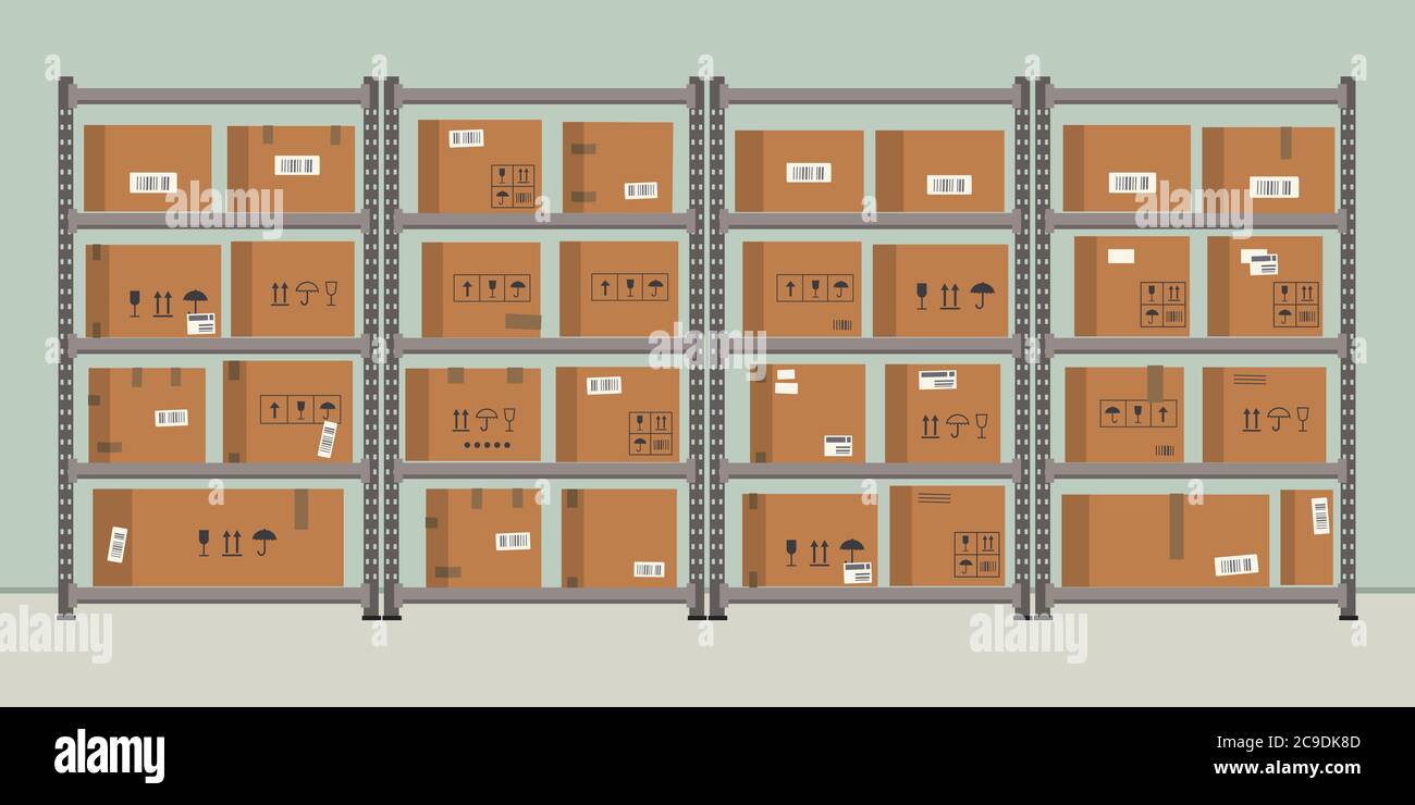 Warehouse. Storage. Shelvings with cardboard boxes. Warehouse racks ...
