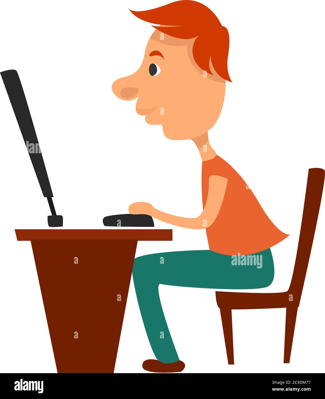 Boy working on a computer, illustration, vector on white background ...