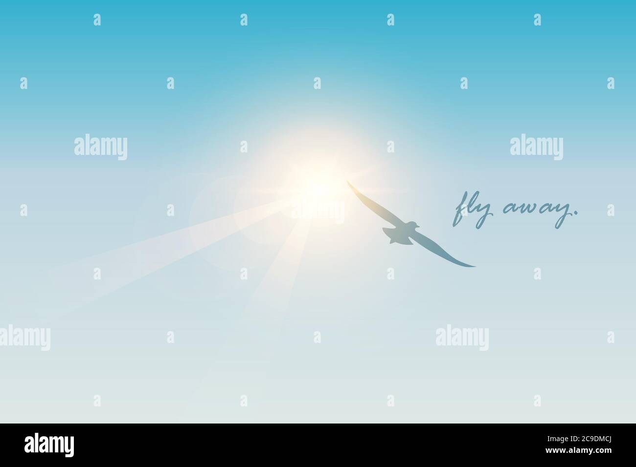 fly away freedom banner with flying bird in blue sky vector ...