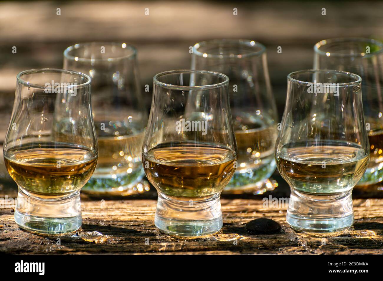 Tasting of different Scotch whiskies on outdoor terrace, dram of ...