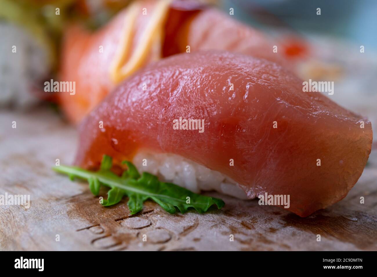 Japanese food, sashimi nigiri made from rice with raw tuna fish close ...