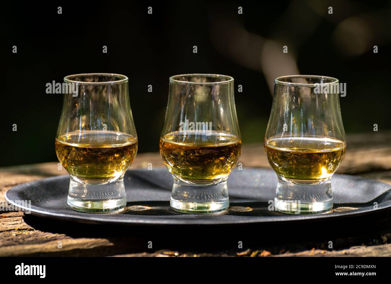Tasting of different Scotch whiskies on outdoor terrace, dram of ...