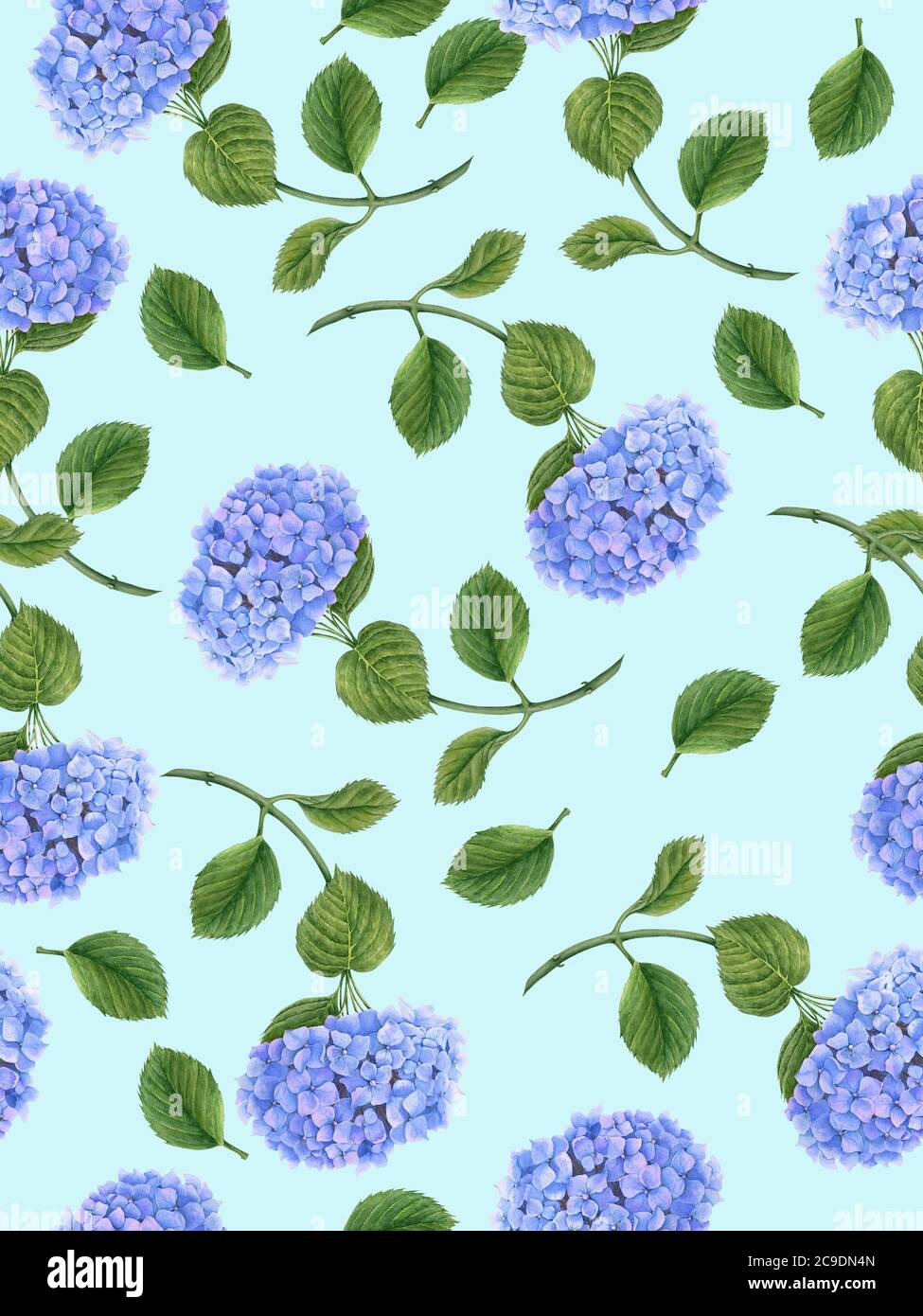Seamless floral pattern with Hydrangea flower and green leaves Stock ...