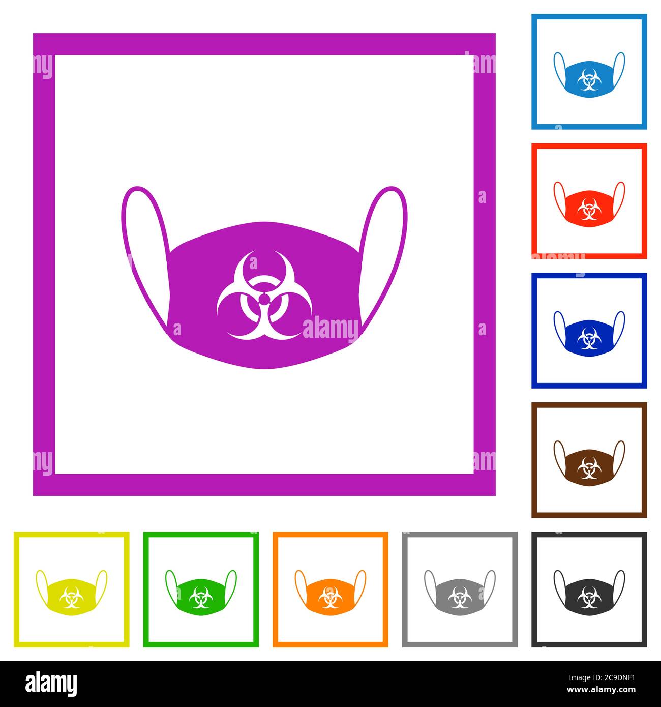 Face mask with biohazard symbol flat color icons in square frames on ...