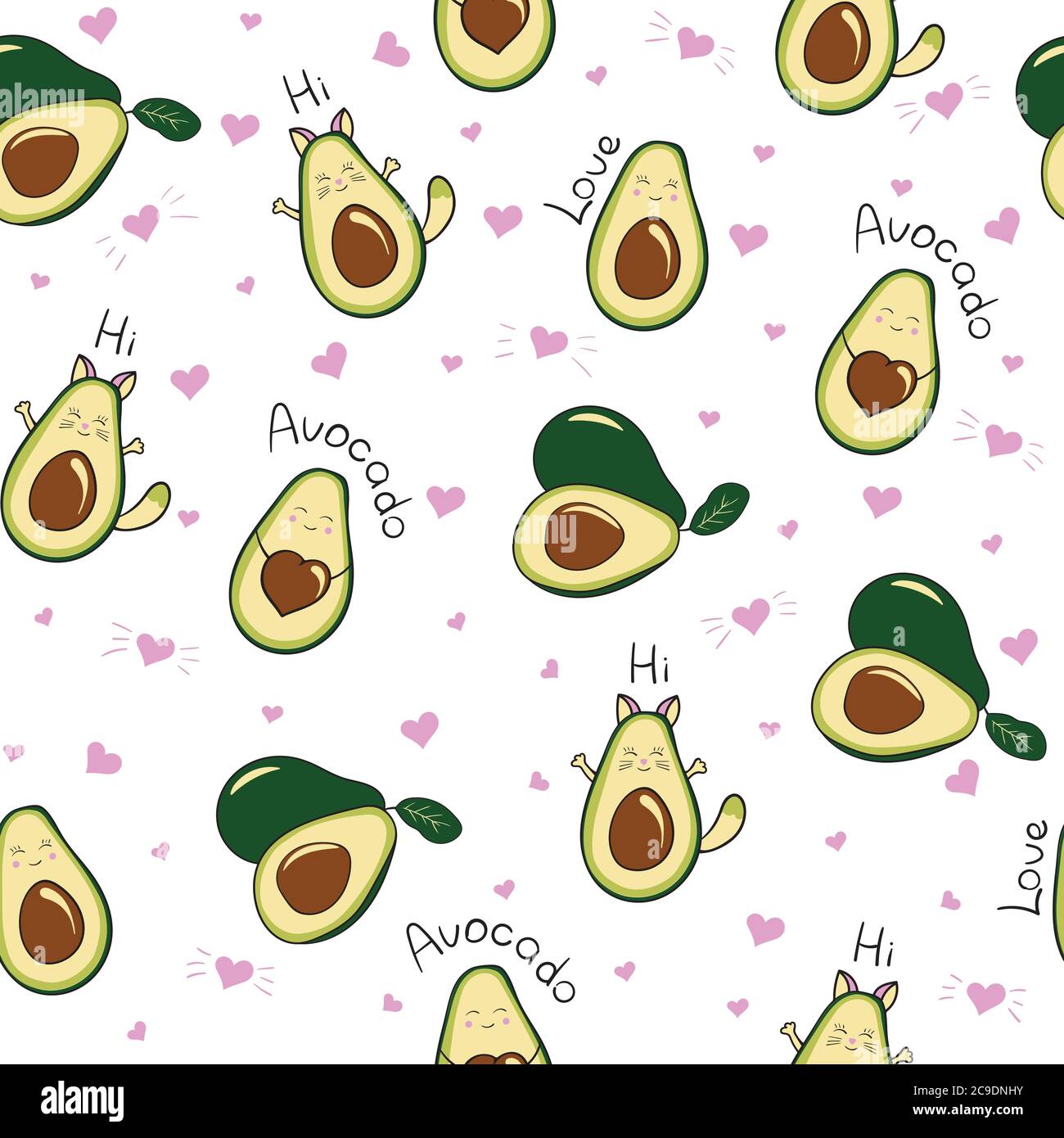 seamless vector pattern with cute avocado, avocado-kitty, with a heart ...