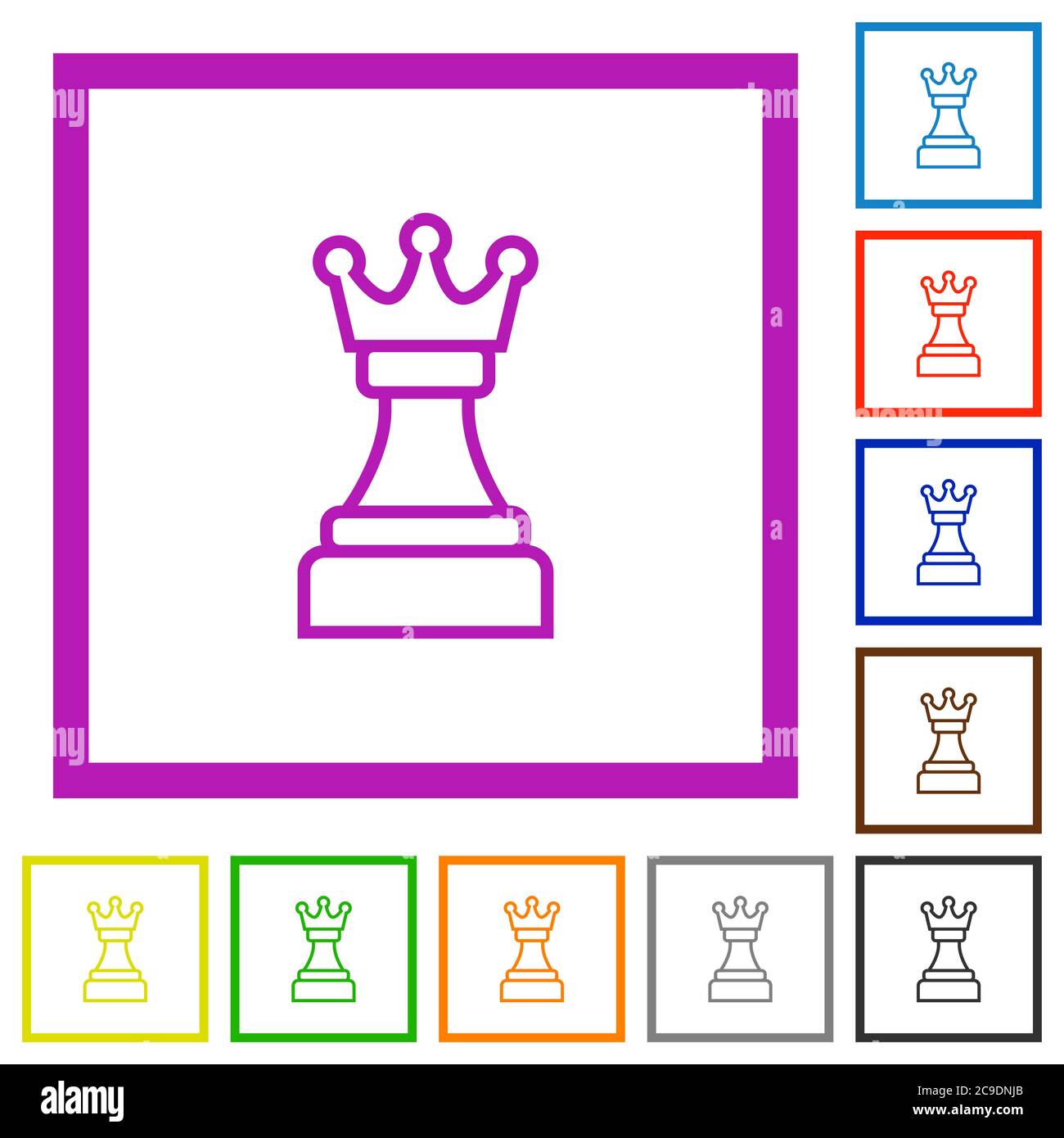 White chess queen flat color icons in square frames on white background ...