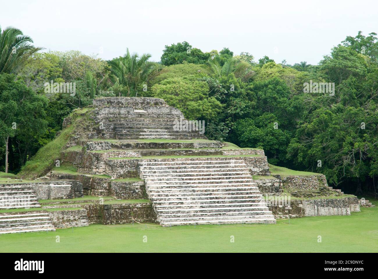 The view of a pyramid in Altun Ha ancient Mayan city, the archeological ...