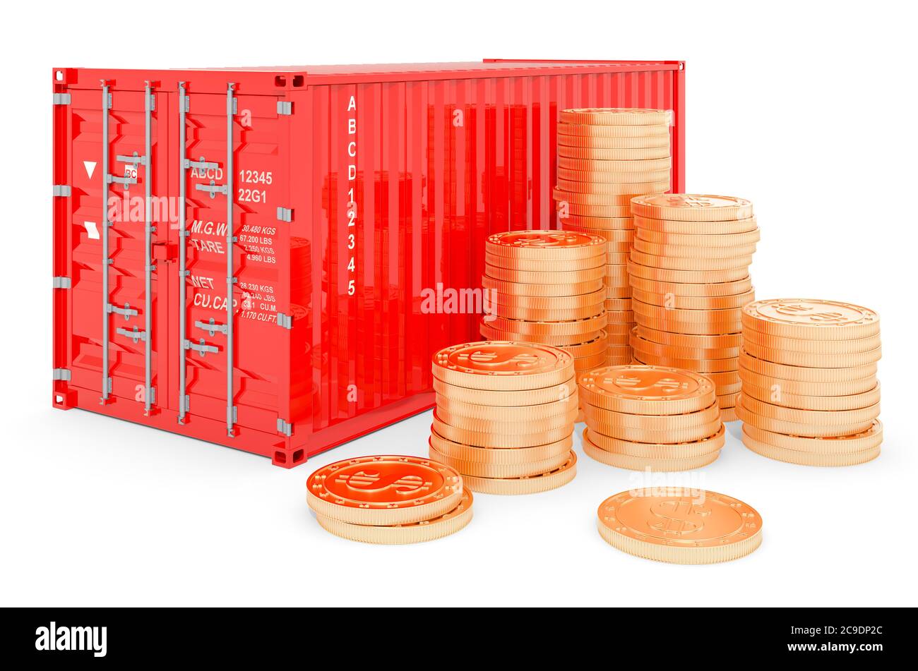 Cargo containers with golden coins. 3D rendering isolated on white ...