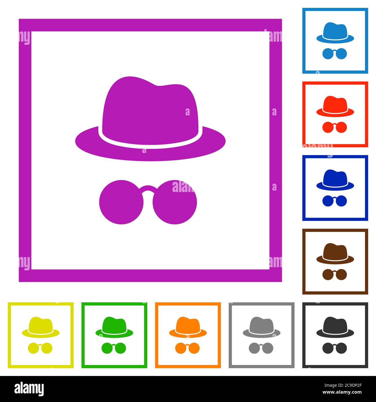 Incognito with glasses flat color icons in square frames on white ...