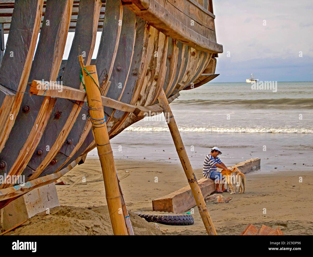 Hand made wooden boats under construction in Manta - Ecuador Stock ...