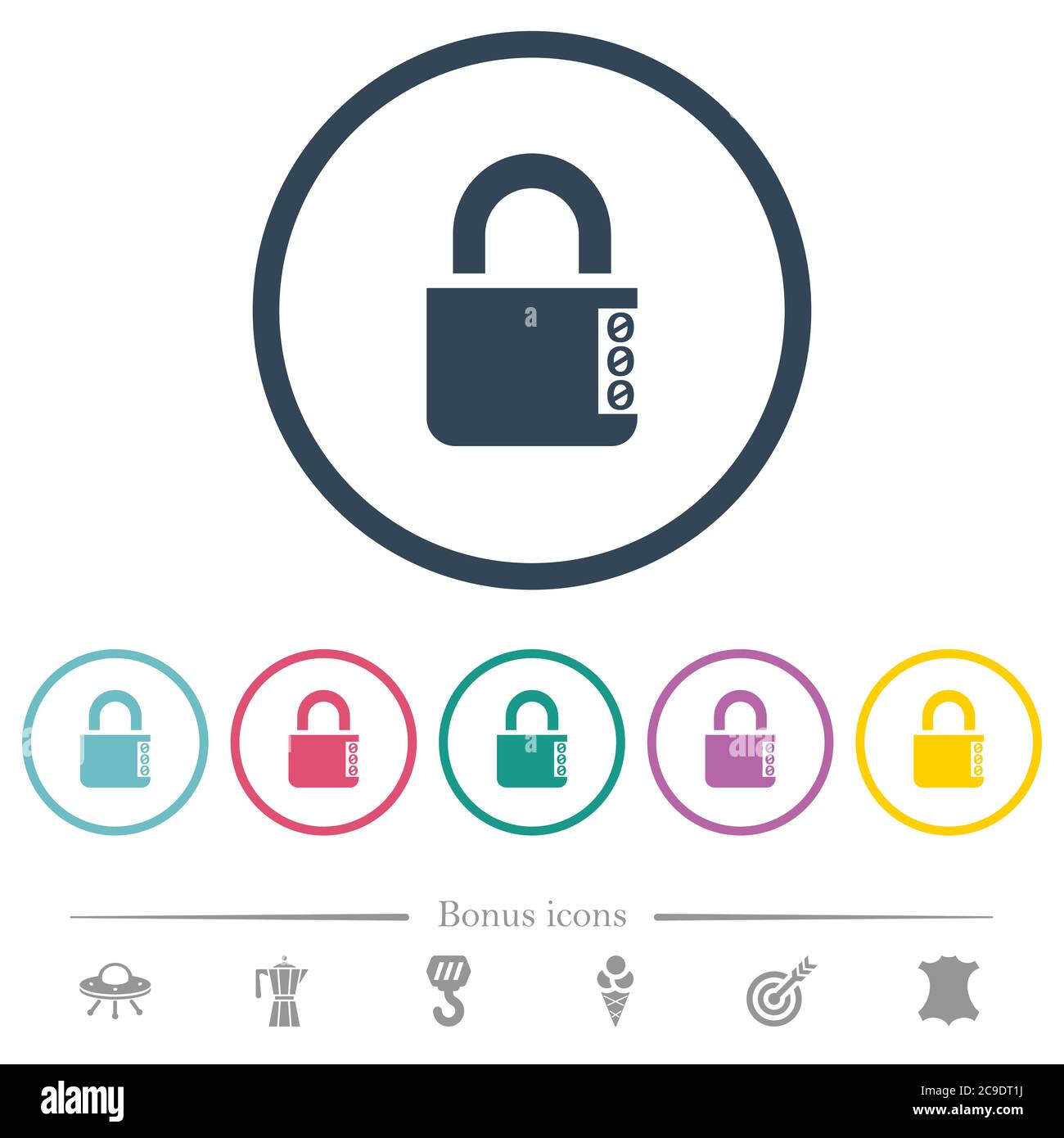 Locked combination lock with side numbers flat color icons in round ...