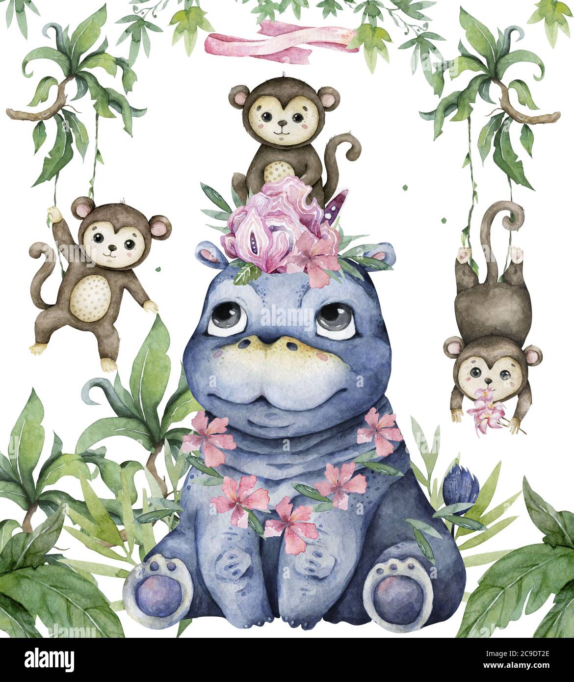 Cute baby Hippo with monkey playful. Hand drawn adorable watercolor ...