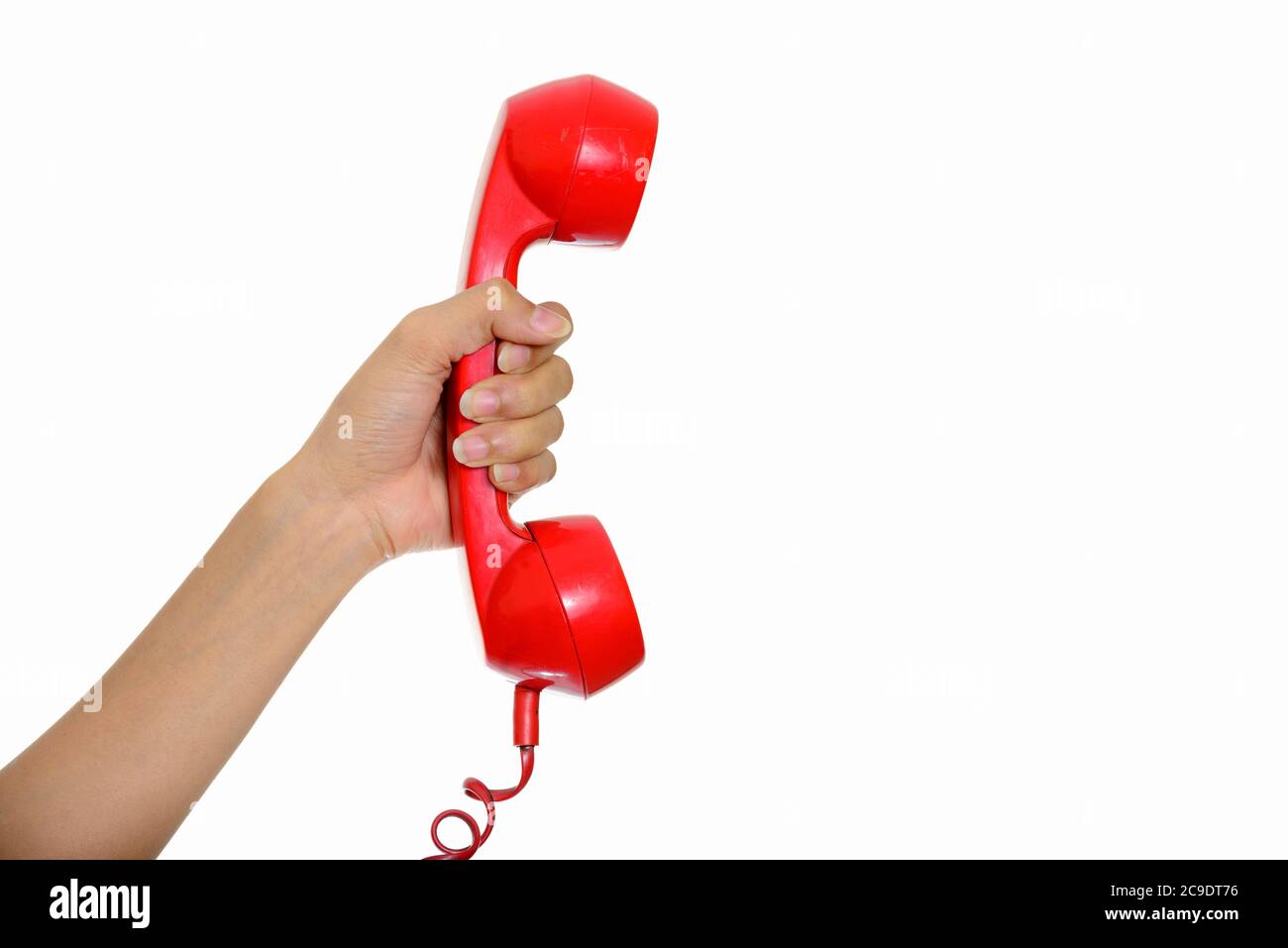 Portrait of hand giving telephone against white background Stock Photo ...