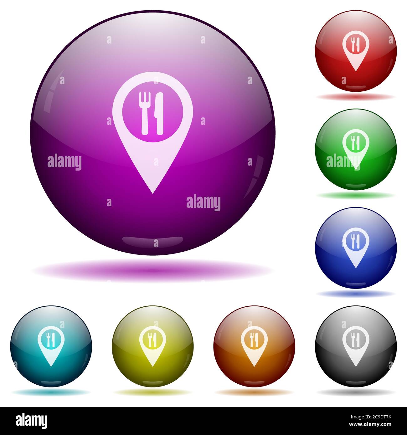 Restaurant GPS map location icons in color glass sphere buttons with ...
