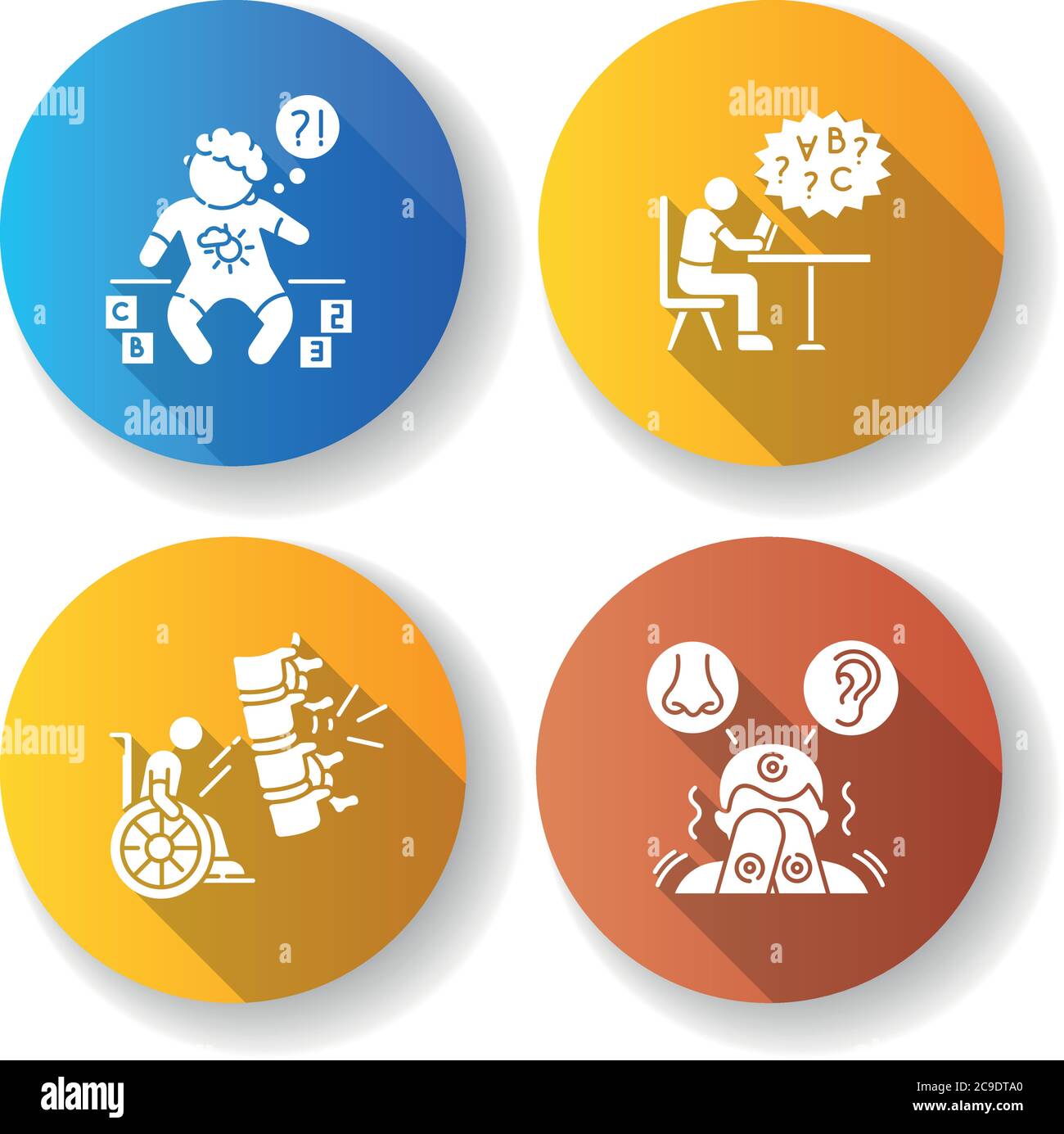 Chronic disease flat design long shadow glyph icons set. Developmental ...