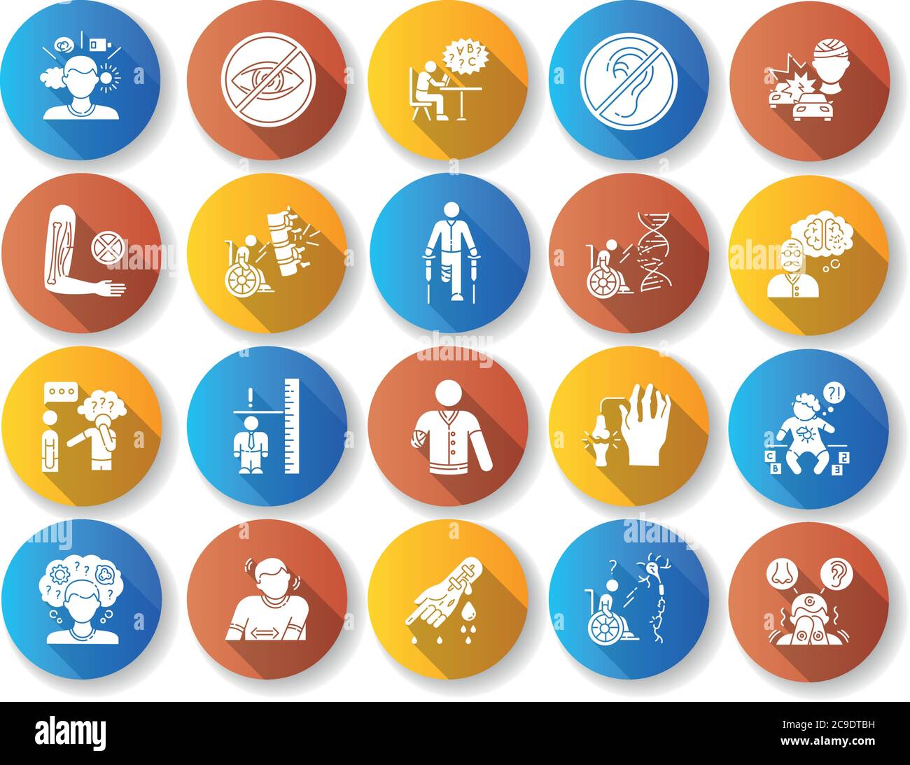 Disability types flat design long shadow glyph icons set. Blindness and ...