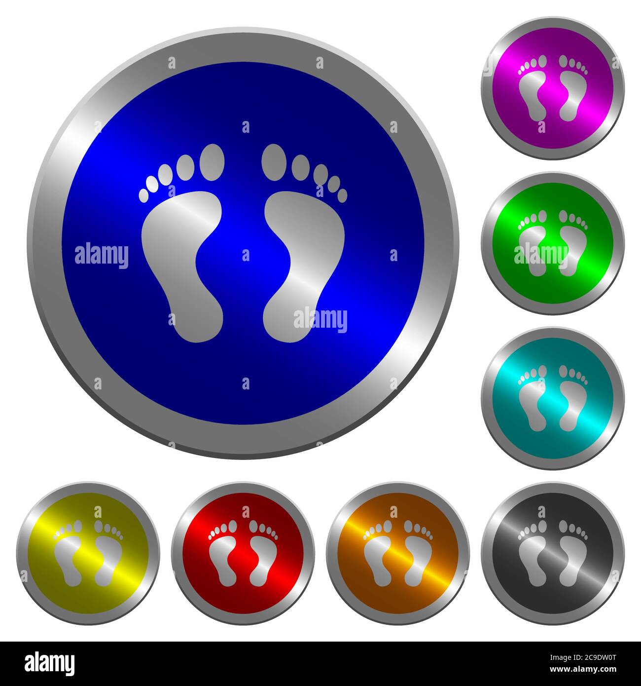 Human Footprints icons on round luminous coin-like color steel buttons ...
