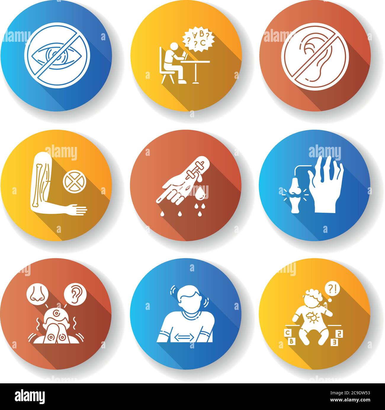 Illness types flat design long shadow glyph icons set. Deafness and ...