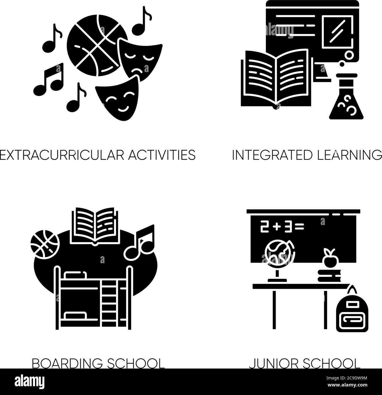 Primary education black glyph icons set on white space. Junior school ...
