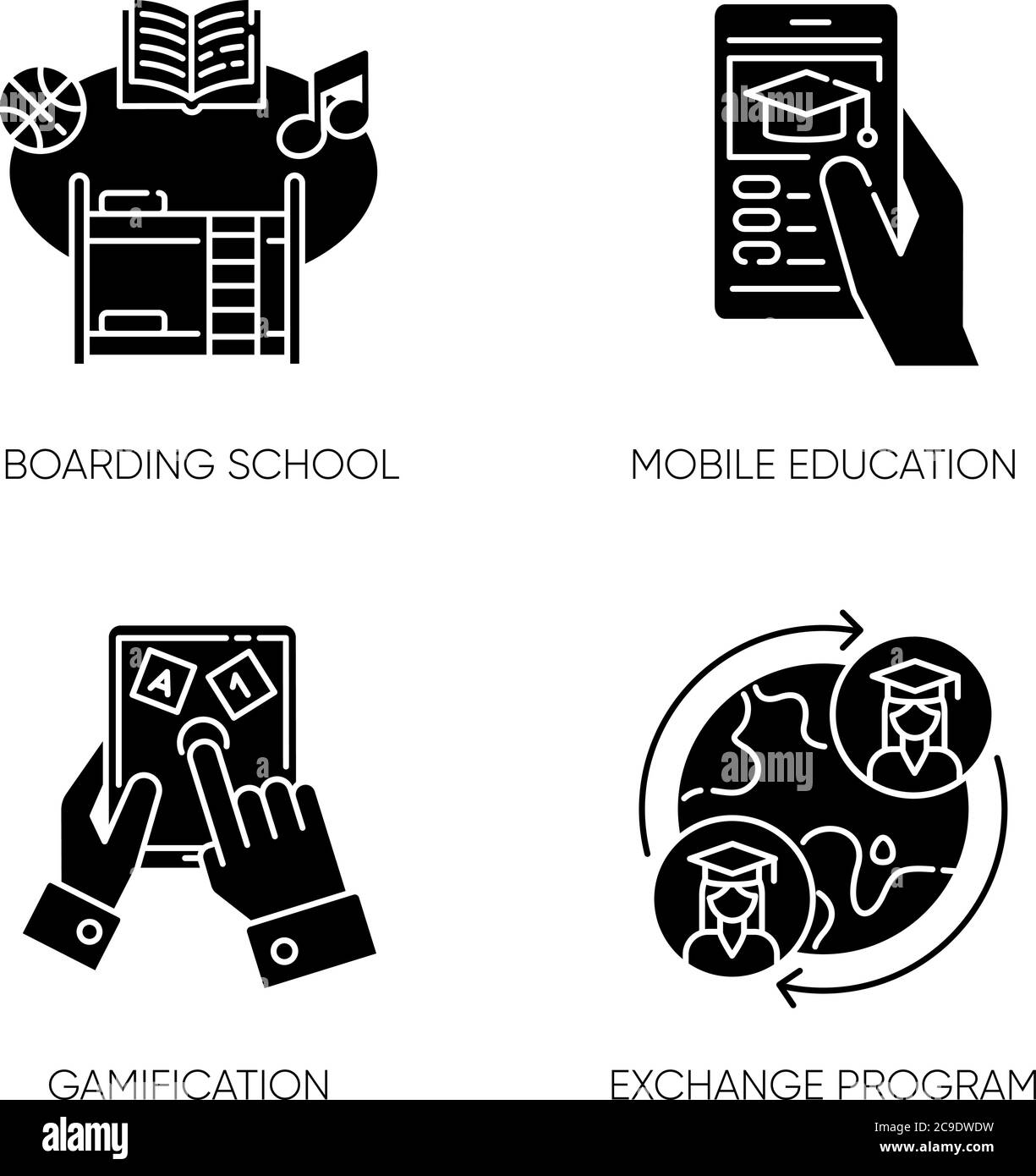 Modern learning opportunities black glyph icons set on white space ...