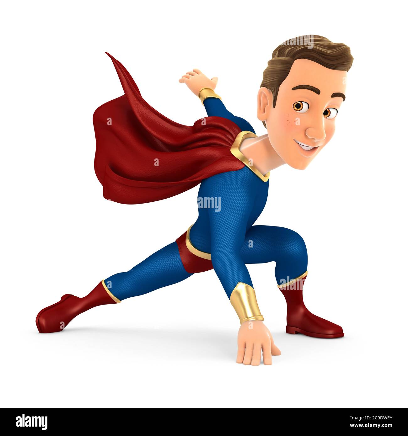 3d superhero landing on floor, illustration with isolated white ...