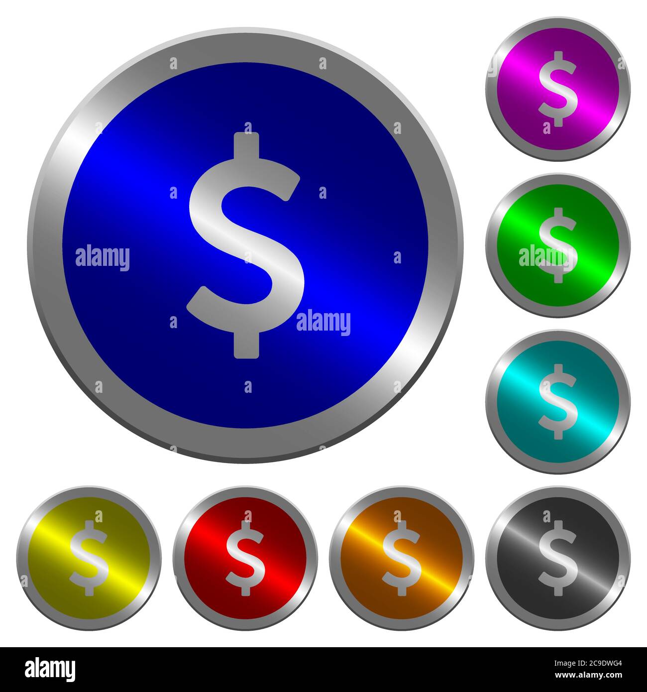 Dollar sign icons on round luminous coin-like color steel buttons Stock ...