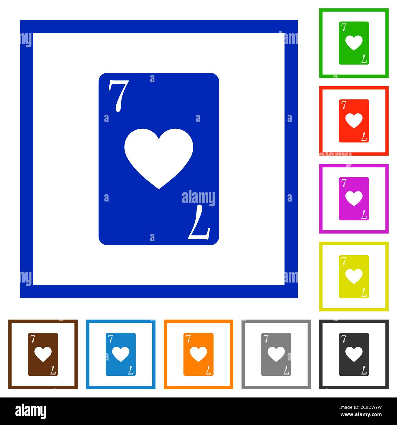 Seven of hearts card flat color icons in square frames on white ...