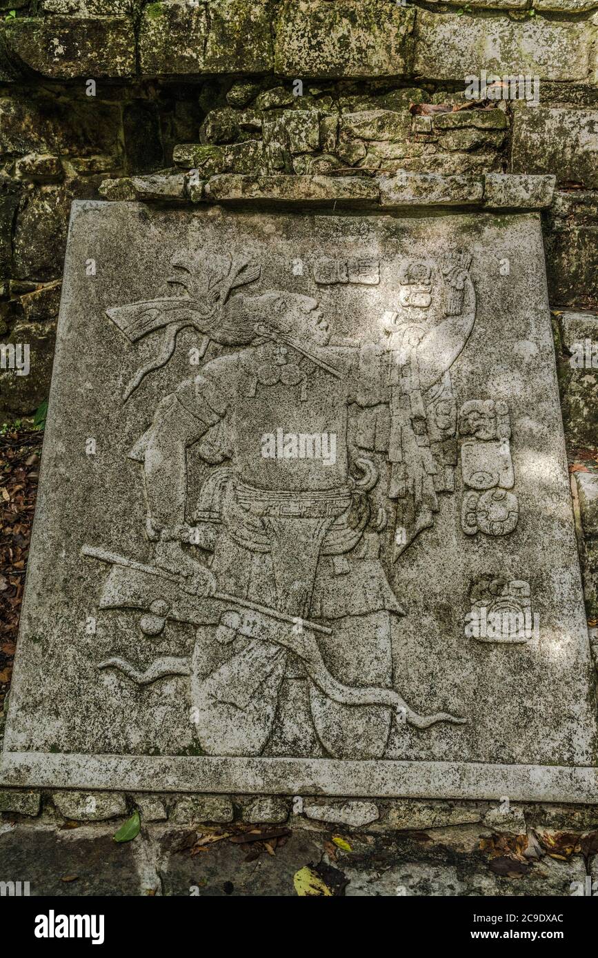 Bas relief panel at Temple XXI in the ruins of the Mayan city of ...