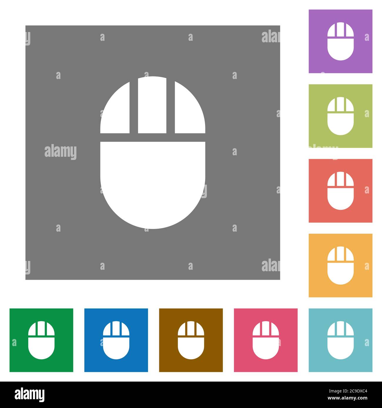 Three buttoned computer mouse flat icons on simple color square ...