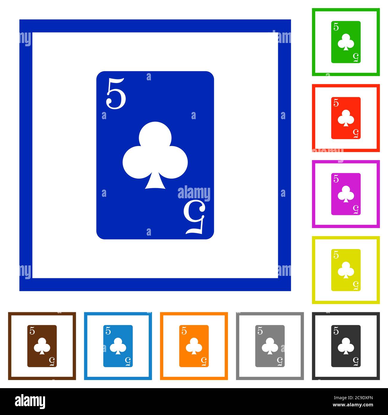 five of clubs card flat color icons in square frames on white ...